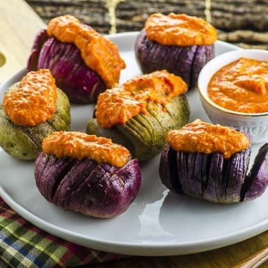 Potato Recipes | Tri-color Hasselback Potatoes with Romesco Sauce